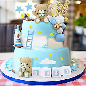 41 Pcs/Set Bear Cake Toppers Mini Bear Cake Decorations Cake Toppers Gold White Pearl Ball for Boy Girl Baby Shower Birthday Party Decorations(Blue, Brown, Cute Style)