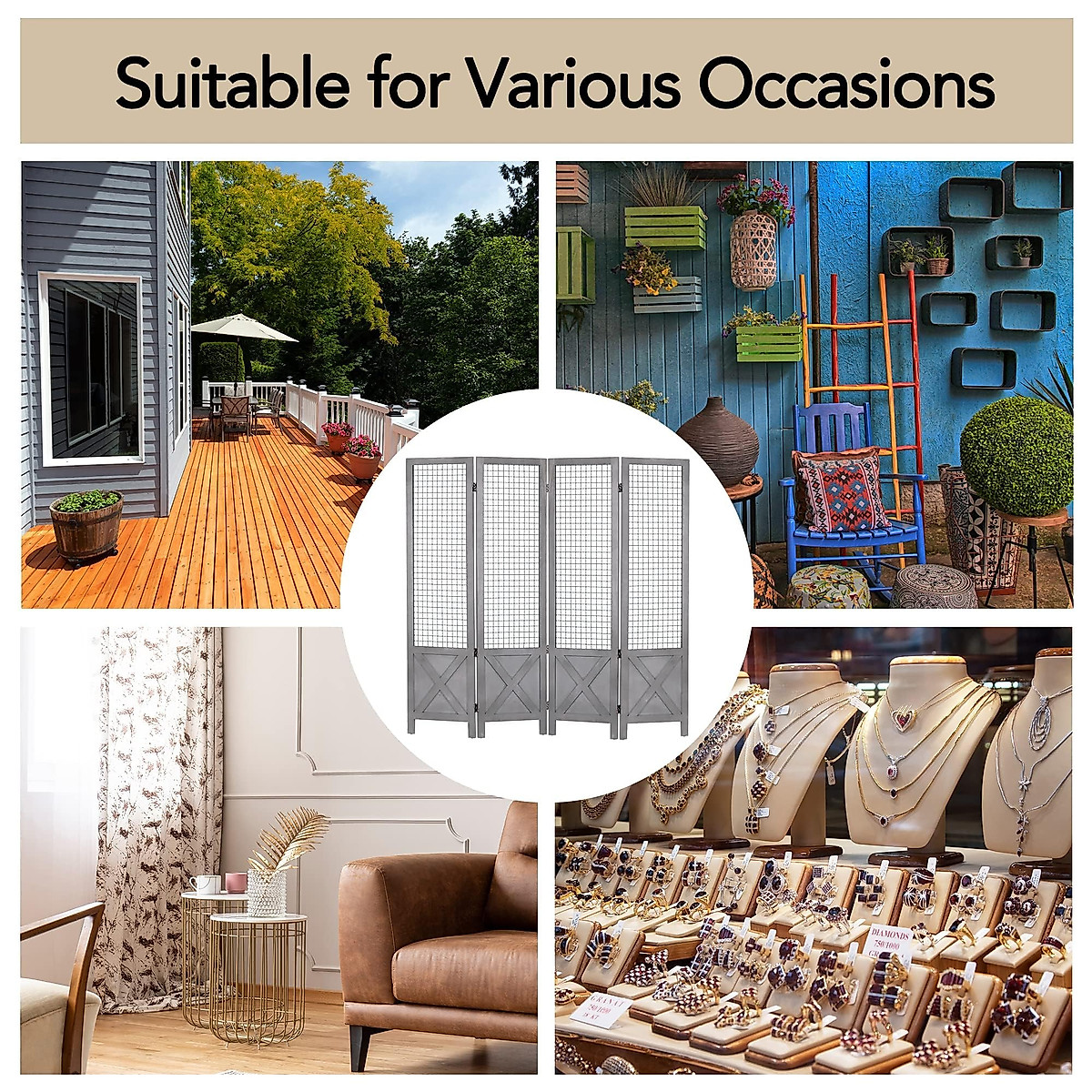 Wnutrees 4 Panel Gridwall Display, Portable Freestanding Display Board for Craft/Art Shows, Retail, Events, Decorative Wood Room Divider Folding Screens, Grey