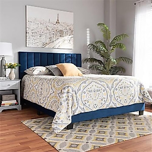 Baxton Studio Clare Queen Size Navy Blue Velvet Panel Bed with Tufted Headboard