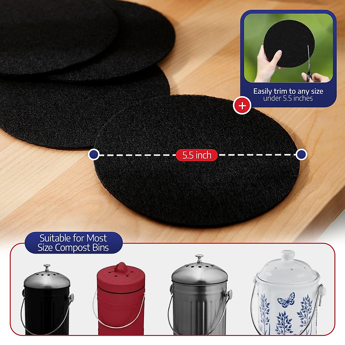 BioStrike Compost Crock - Activated Carbon Filters for Compost Bucket, Control Kitchen Odors, 5.5-inch Round, Made in USA (2 Count)