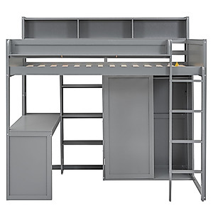 SOFTSEA Twin Loft Bed with Desk and Wardrobe, Solid Wood Loft Bed with Desk and Storage Shelves, High Loft Bed Frame with Bookcase Headboard and Ladder for Kids Teens Adults, Gray