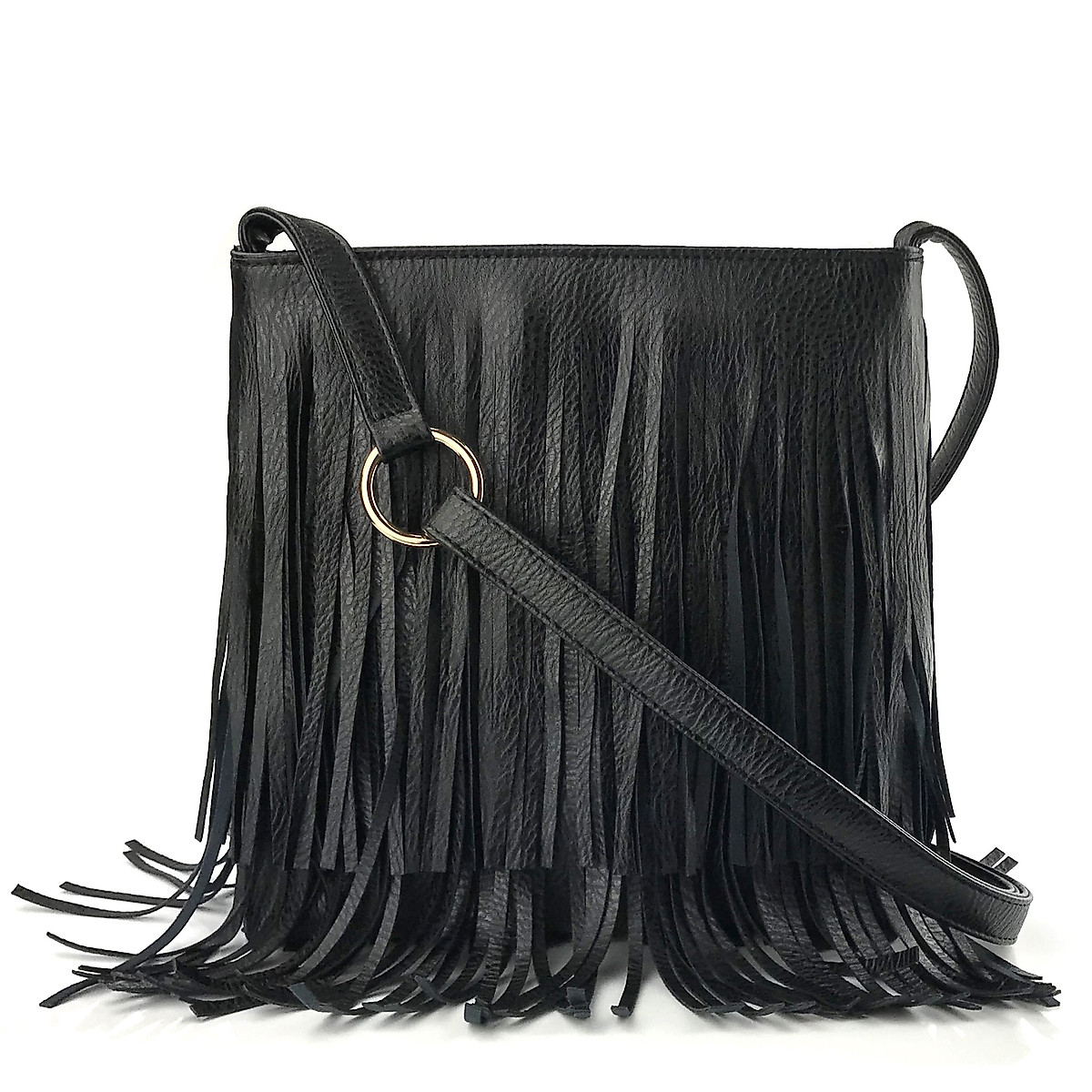 Glossy Fringe Cross Body Shoulder Bag Tassel Womens Purse(Black)