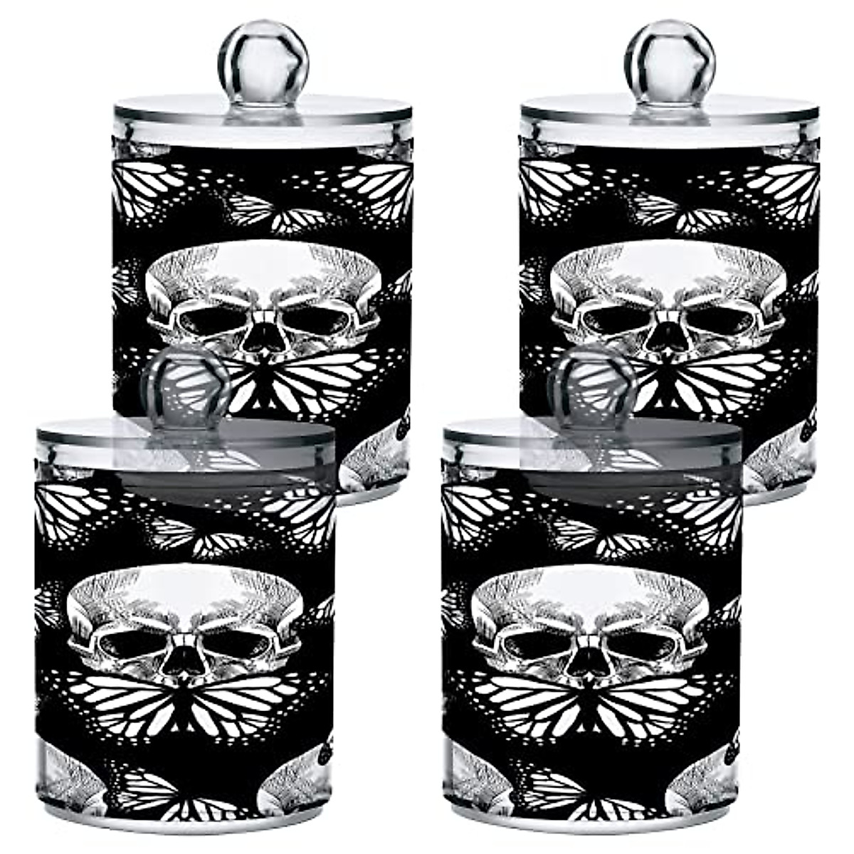 Kigai Skull Butterfly Qtip Holder Set of 4 - 14OZ Clear Plastic Apothecary Jars with Lids Bathroom Container Organizer Dispenser for Cotton Ball, Cotton Swab, Candy, Floss, Spices