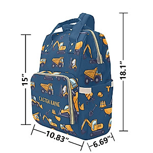 SunFancy Personalized Truck Construction Machinery Diaper Backpack with Name Text Large Capacity Custom Multi-Function Bag Unisex Travel Backpack for Mom Dad Boy Girl