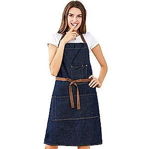 YukaBa Blue Adjustable Denim Jean Kitchen apron with 5 Pockets for Women Men Optimized upgrade(Denim) (Set of 1)