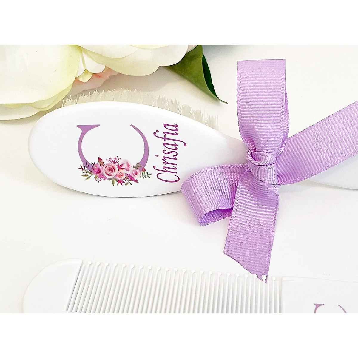 Personalized Baby Gift Girls - Baby Brush and Comb Set, Suitable for Ages 0-3 Years, New Baby Gift - Floral Initial Purple, Baby Gift