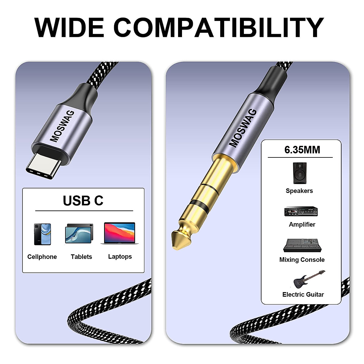MOSWAG USB C to 6.35mm 1/4 inch TRS Cable 3.28FT/1Meter,Type C to 1/4 Audio Adapter Aux Jack Stereo Cable for Google Pixel 4XL,Galaxy Note 10+/S20+,Amplifier,Speaker,Headphone,Mixing Console