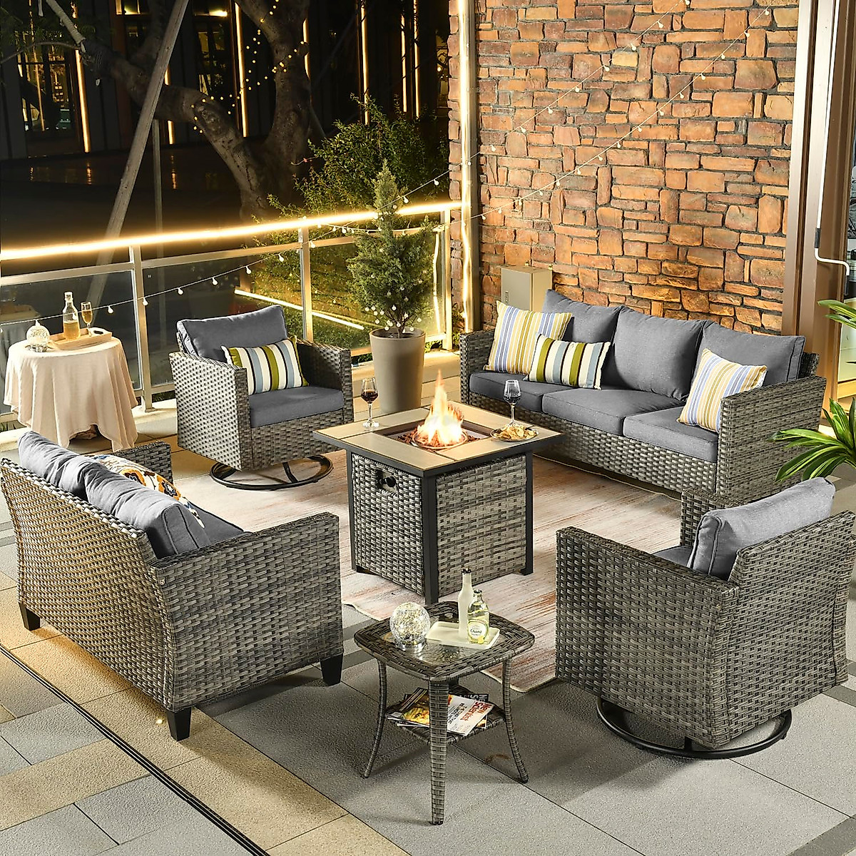 HOOOWOOO Patio Outdoor Conversation Set with Fire Pit Table,6 Piece Modern Outside Furniture with Swivel Rocking Chairs,PE Wicker Out Door Furniture Sofa Set(Dark Grey)