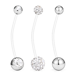 Hoeudjo 14G 1 1/2 Inch CZ Sports Pregnancy Maternity Flexible Bioplast Long Belly Button Rings Navel Retainer Body Piercing Set of 3 Silver