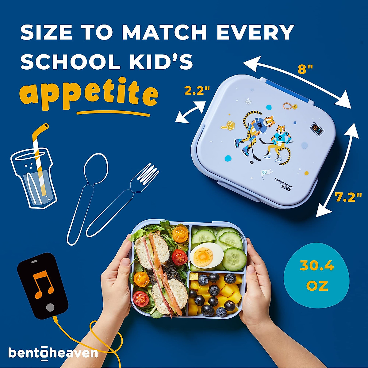 Bentoheaven Premium Bento Lunch Box for Kids, 9 Designs, Leak-proof 3-4 Compartments, Divider, Ideal size 30oz, Microwave/Dishwasher Safe Kids Bento Box (Loncheras Para Niños/Niñas)[Ice Blue]