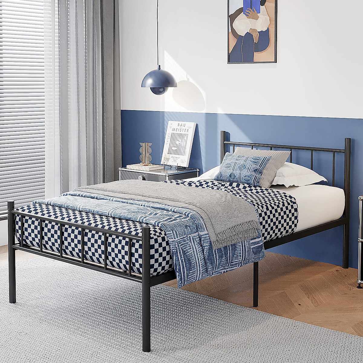 zunatu Classic Metal Bed Frame Platform Mattress Foundation with Classic Style Iron-Art Headboard/Footboard/Under Bed Storage/No Box Spring Needed/Twin XL Size Black