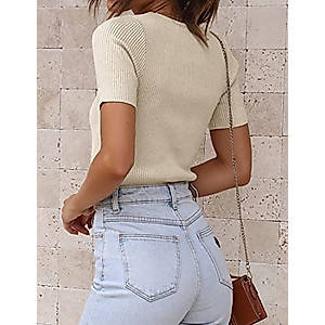ZESICA Women's Short Sleeve Crewneck Ribbed Knit Slim Fit T Shirt 2023 Summer Casual Solid Color Tee Tops,Almond,Small