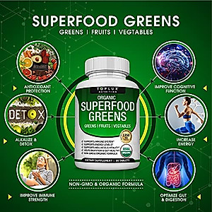 Organic Super Greens Capsules Superfood Fruit Veggie Supplement - 28 Powerful Natural Ingredients with Alfalfa, Beet Root, Tart Cherry & Ginger for Immune & Energy Support, for Men Women, 60 Tablets