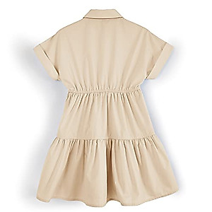 Auburet Easter Dresses for Girls Button Up Tiered Ruffle V Neck Collar Pleated Waist Cute Midi Dresses 5-18 Years Kids Beige