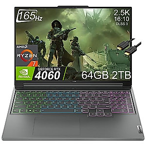 Lenovo legion 5 Slim 5 16" WQXGA 2.5K 165Hz (AMD 8-Core Ryzen 7 7840HS (Beat i7-12700H), GeForce RTX 4060 8GB, 64GB DDR5 RAM, 2TB PCIe SSD) RGB Backlit Gaming Laptop, Wi-Fi 6E, 3D Nahimic, Win 11 Home