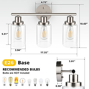 Unicozin 3 Light Vanity Lights, Brushed Nickel Wall Sconce Light with Clear Glass, Bathroom Light Fixtures, Wall Lights for Mirror, Living Room, Bedroom, Hallway, E26 Base (Bulbs Not Included)
