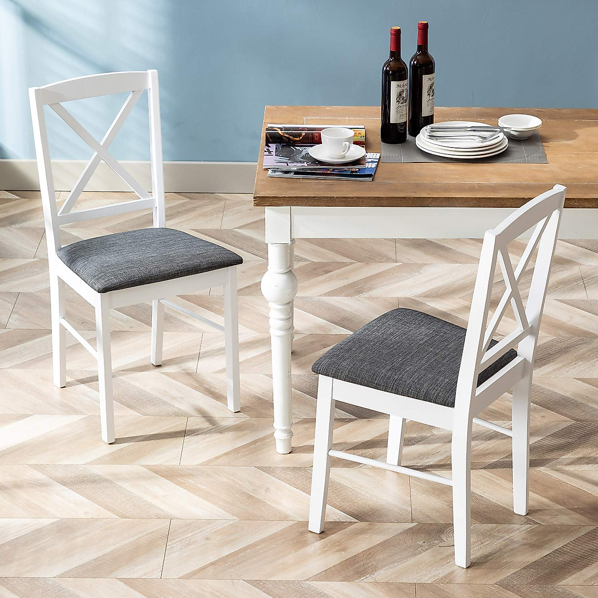 DUHOME Dining Chairs Set of 2 Wood Dining Room Chair with Cross Back, Kitchen Room Chair Side Chair, White Base with Grey Cushion