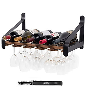 Rustic State Barrel Wall Mounted Wine Rack with Cork Opener - 5 Bottle 15 Stemware Glass Holder Storage - Wood Floating Glassware Shelf Organizer - Kitchen Dining Room Bar Décor - Walnut