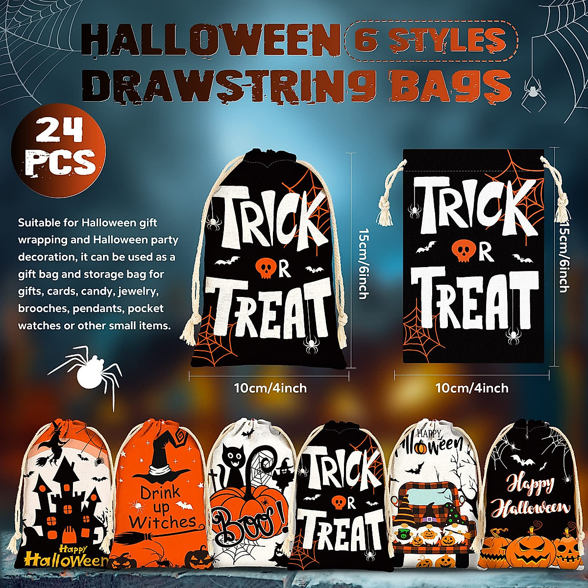 24 Pieces Halloween Party Favor Bag with Drawstring 4 x 6 Inch Canvas Treat Bag Halloween Candy Bag Goodie Bags for Birthday Halloween Party Supplies, 6 Styles