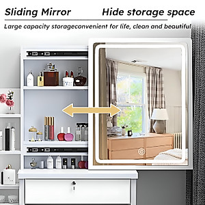 Makeup Vanity Desk with Mirror and Lights,Vanity Table with Sliding Mirror & Drawers & Storage Shelves & Stool, Brightness Adjustable,3 Lighting Mode, for Bedroom,White