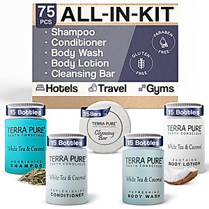 Terra Pure White Tea & Coconut Toiletries Set | 1-Shoppe Amenities Kit | 1oz Liquids, 1.25oz Bar Soap | Hotels, Airbnb & Rentals | 75 Pieces