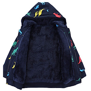 Funnymore Toddler Boy's Sherpa Fleece Lined Jacket,Navy Dinosaur Spring Fall Winter Warm Hoodie Coat Clothes 2t