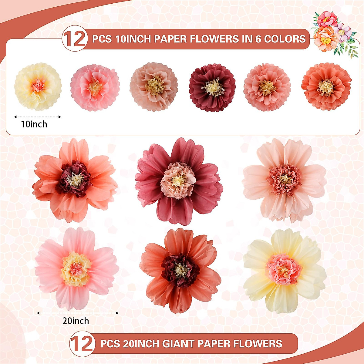 Crowye 24 Pcs Large Colorful Tissue Paper Flowers 20" Handcrafted Giant Fiesta Paper Flowers for Mexican Party Wedding Birthday Backdrop Baby Shower Nursery Craft Outdoor Wall Decor (Vivid Color)