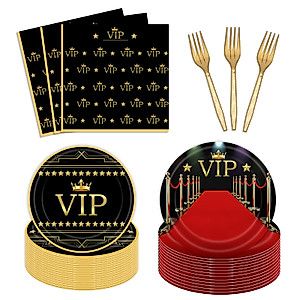 96Pcs VIP Party Supplies Disposable Red Carpet Event Plates and Napkins Fork Tableware Set Cine Film Show Celebrity Activity Graduation Prom Birthday Party Decorations Serves 24 Guests