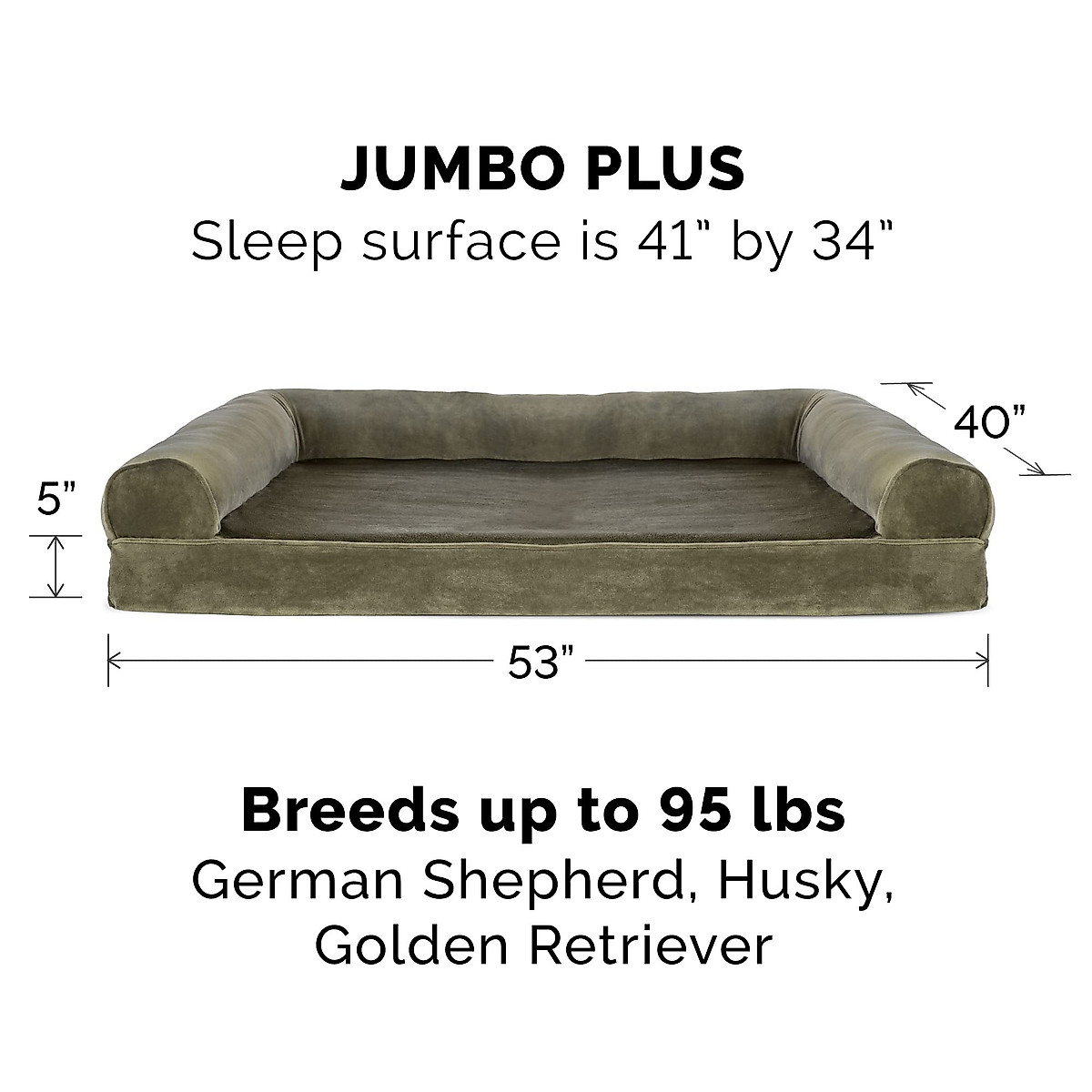 Furhaven Orthopedic Dog Bed for Large Dogs w/ Removable Bolsters & Washable Cover, For Dogs Up to 125 lbs - Faux Fur & Velvet Sofa - Dark Sage, Jumbo Plus/XXL