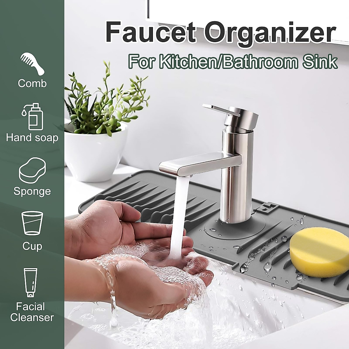 iArtker 18"×5" Sink Splash Guard,Silicone Faucet Mat for Kitchen Bathroom Sink,Draining Mat Faucet Handle Drip Catcher Tray, Sink Organizer Holder for Sponge Dish Soap