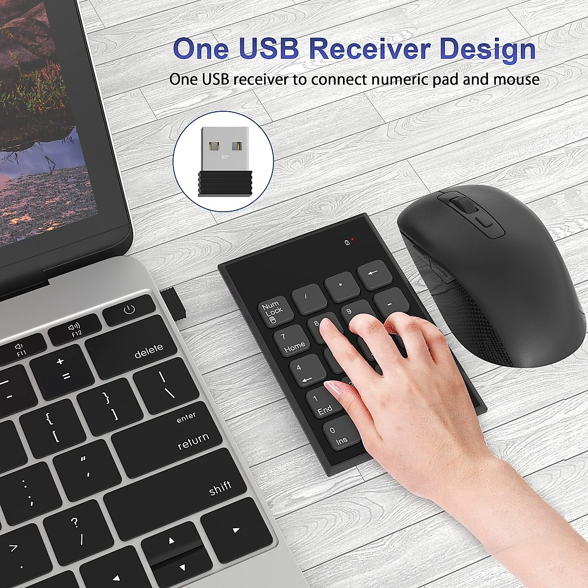 Wireless Number Pad and Mouse Combo,2.4G 19 Keys USB Wireless Numeric Keypad,3 Adjustable Silent Mouse Speeds DPI 800/1200/1600,Set for Laptop,Notebook,Desktop,PC Computer-Use One USB Receiver