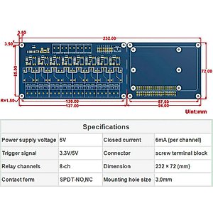 8 Channel Relay Module Board for Raspberry Pi 4B/3B+/3B/2B/A+/B+/Zero,Jetson Nano 8-CH Relays Loads up to 5A 250V AC or 5A 30V DC