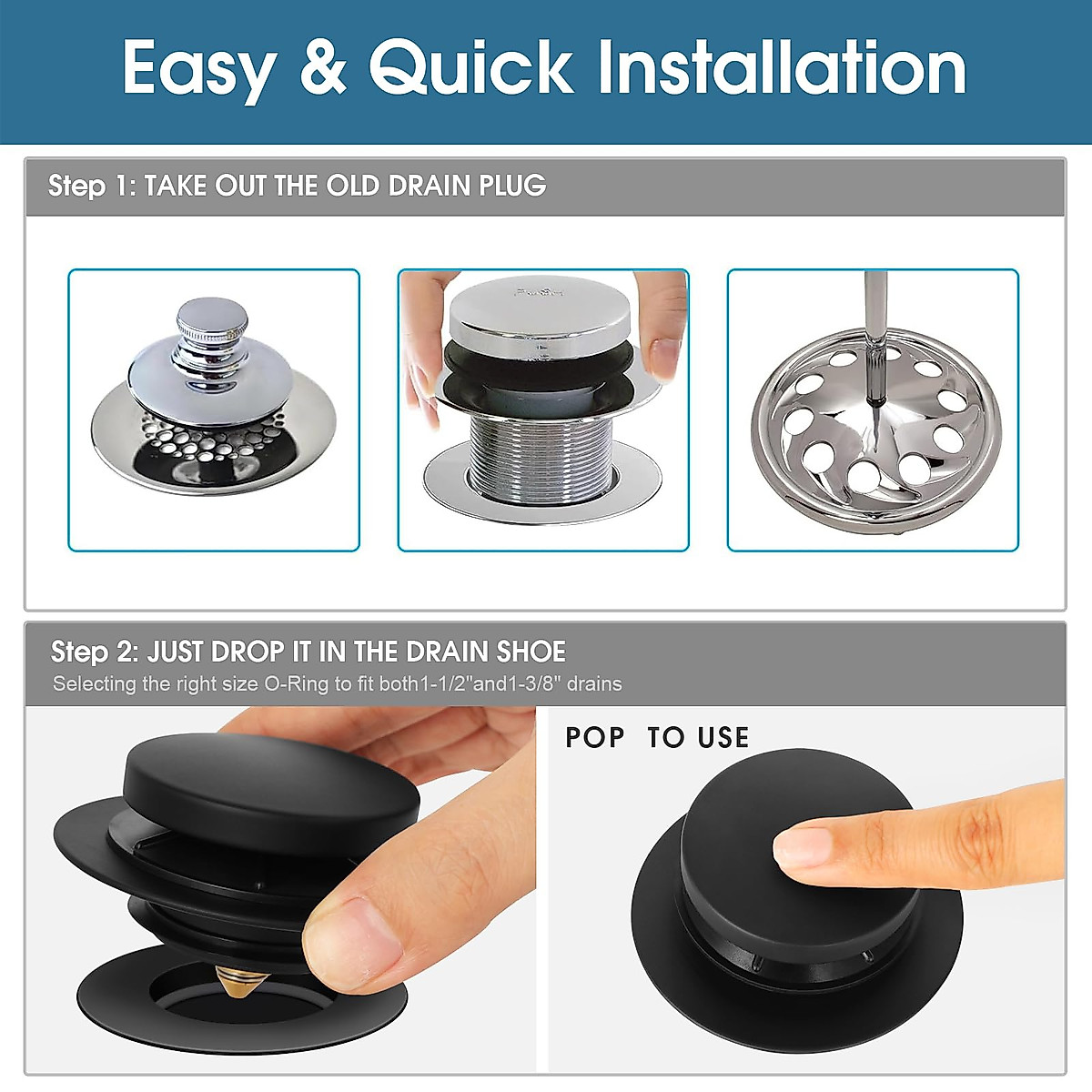 Bathtub Drain Stopper Universal Tip Toe Tub Stopper and Cover Pop Up Bath Drain Stopper Replaces Bath Tub Lift & Turn, Tip-Toe or Trip Lever Drains for Tub, EZ Install (Matt Black)