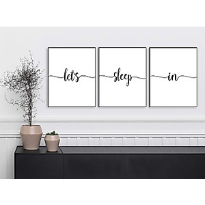 Let's Sleep In Art Prints - Bedroom Wall Decor - 11x14 - Set of 3 – Above Bed Wall Decor - Black and White Minimalist Bedroom Wall Art - Unframed