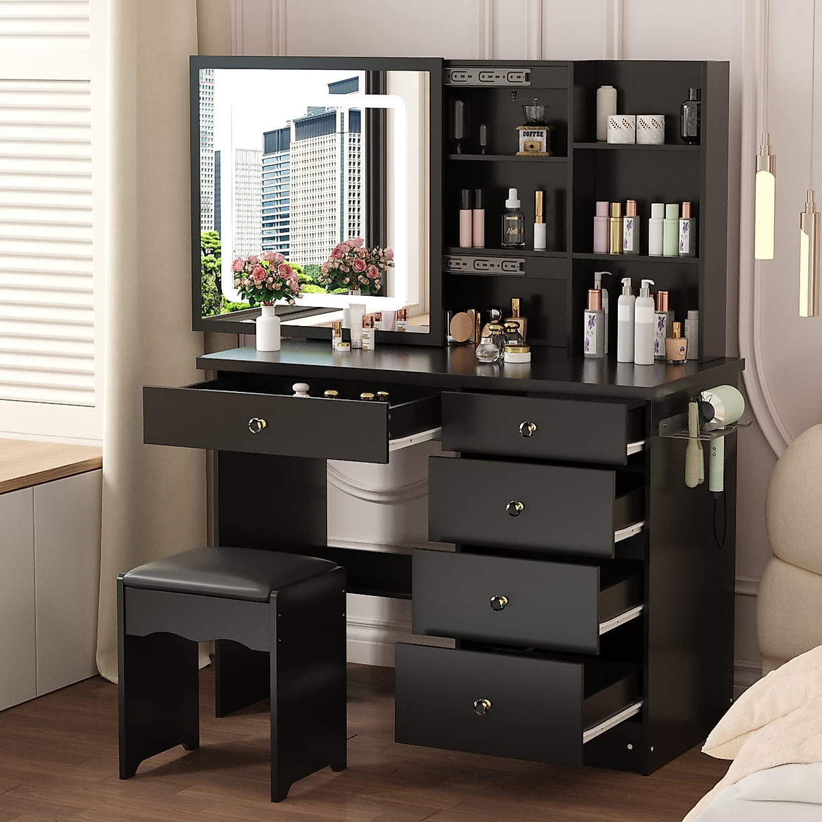 Homsee Vanity Desk Set Makeup Table with Large Sliding Lighted Mirror, Power Strip and Hair Dryer Holder, Dressing Table with Drawers, Storage Shelves & Stool for Bedroom, Black