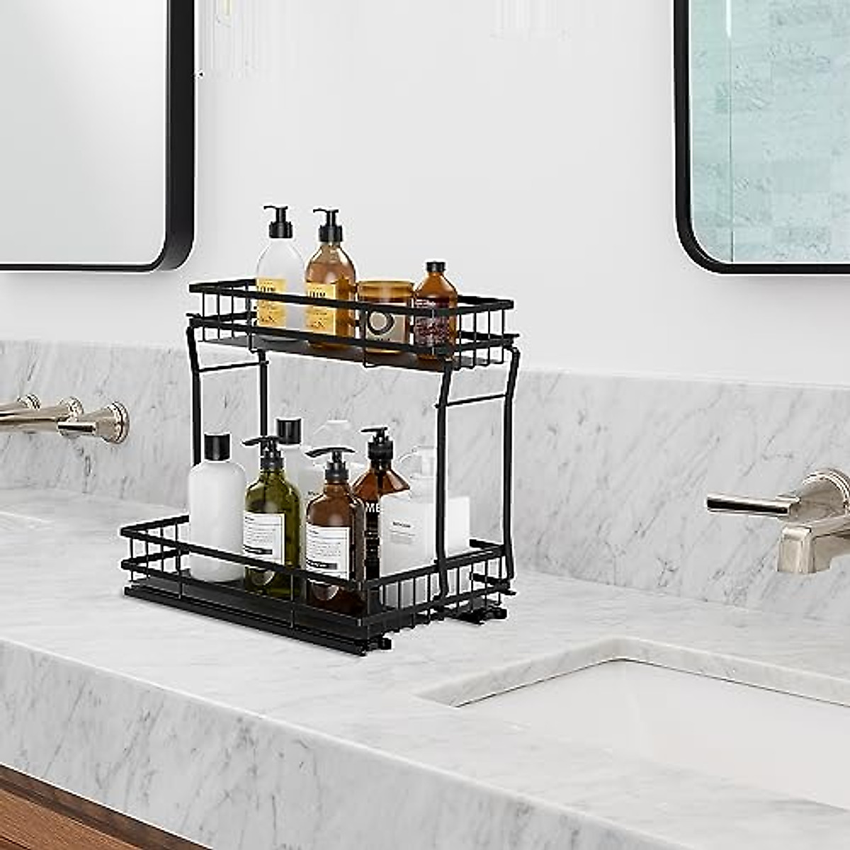 GMFINE 2 Pack Under Sink Organizer and Storage, 2 Tier Slide Out Undersink Cabinet Organizer Storage Organization with Hooks for Under Kitchen Bathroom Sink Storage Cleaning Supplies, Black