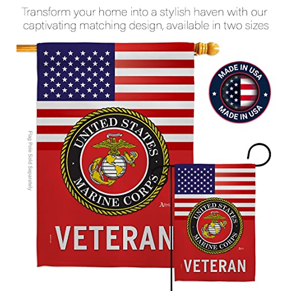 US Marine Corps Veteran Garden Flag - Set with Stand Armed Forces USMC Semper Fi United State American Military Retire Official - House Banner Small Yard Gift Double-Sided Made in USA 13 X 18.5