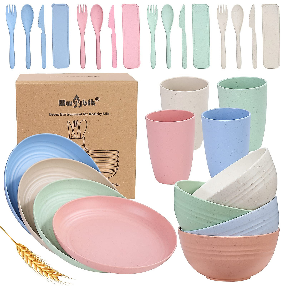 Wheat Straw Dinnerware Sets, 28PCS Plastic Plates and Bowls Sets College Dorm Room Essentials Dishes Set with Cutlery Set Microwave Safe (Colorful)