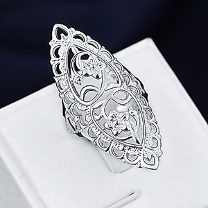 QOBEBOTA Elegant Size 9 Sterling Silver Plated Statement Rings Hollow Carved Flower Full Finger Ring Wide Band Birthday Gifts Chunky Silver Thumb Rings Cocktail Rings for Women