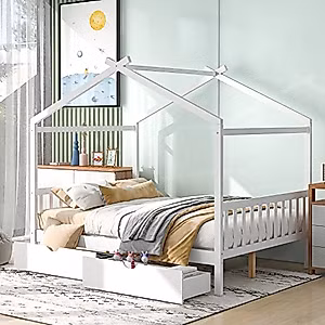 Merax Full Size House Platform Bed Frames with with Two Drawers, Headboard and Footboard/No Box Spring Needed/Easy Assembly