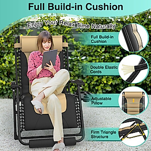 Suteck Oversized Zero Gravity Chair 29In XL Reclining Camping Chair w/Build-in Cushion, Outdoor Lounge Chairs Patio Recliner with Larger Cup Holder Footrest Padded Headrest, 330LBS, Khaki&Black