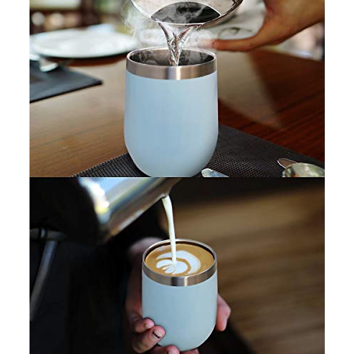 SUNWILL Insulated Wine Tumbler with Lid (Pearl Blue), Stemless Stainless Steel Insulated Wine Glass 12oz, Double Wall Durable Coffee Mug, for Champaign, Cocktail, Beer, Office use