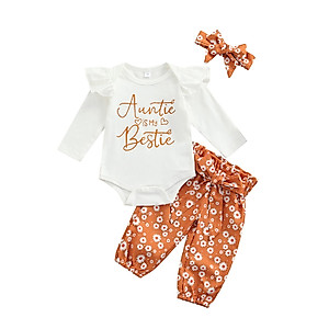 Newborn Infant Baby Girls Clothes Set Auntie Saying Letter Rompers Floral Daisy Pants Headband (White Bestie, 0-3 Months)