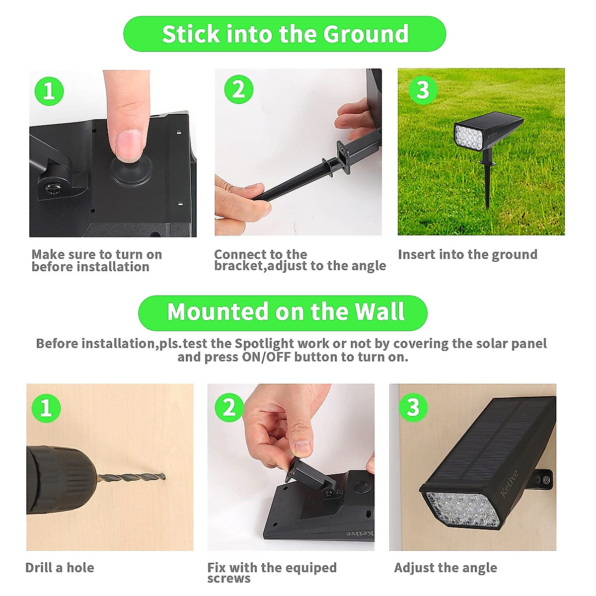 ketive Solar Outdoor Lights Garden, 15 LEDs Bright Solar Landscape Spotlights Waterproof, Auto-ON/Off Last a Whole Night Yard Lights, Cold White, 10 Pack