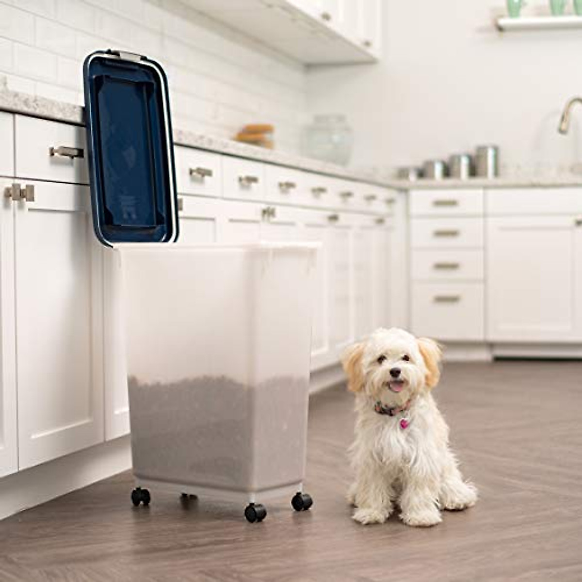IRIS USA 35 Lbs / 47 Qt WeatherPro Airtight Pet Food Storage Container with Attachable Casters, For Dog Cat Bird and Other Pet Food Storage Bin, Keep Pests Out, Easy Mobility, BPA Free, Navy/Pearl