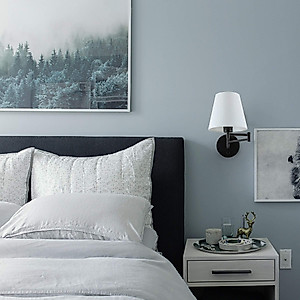 VONLUCE Modern Swing Arm Wall Mount Light Plug in, Corded Wall Lamps with White Fabric Shade, Black Metal Adjustable Wall Sconce, Wall Mount Lamp for Bedroom, Living Room, Bedside