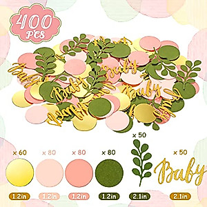 400 Pcs Greenery Baby Shower Confetti Scatter Decorations, Sage Olive Green Table Confetti Dots with Eucalyptus and Gold Baby Confetti Scatter for Baby Shower Gender Reveal Decor