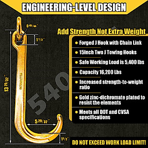 YATOINTO Pair of 15" J Hooks for Towing - G70 Steel with Chain Links, 5400 lb Capacity - Heavy Duty Tow Hook Fits Tractors, Trailers, Trucks