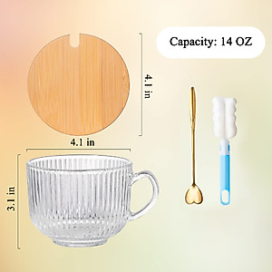 megarte Vintage Glass Coffee Mugs - 14 Oz Ribbed Mugs with Bamboo Lids and Golden Spoons Set Of 4 - Coffee Cups for Cappuccino, Latte, Cereal, Yogurt, Tea Christmas Thanksgiving Gifts