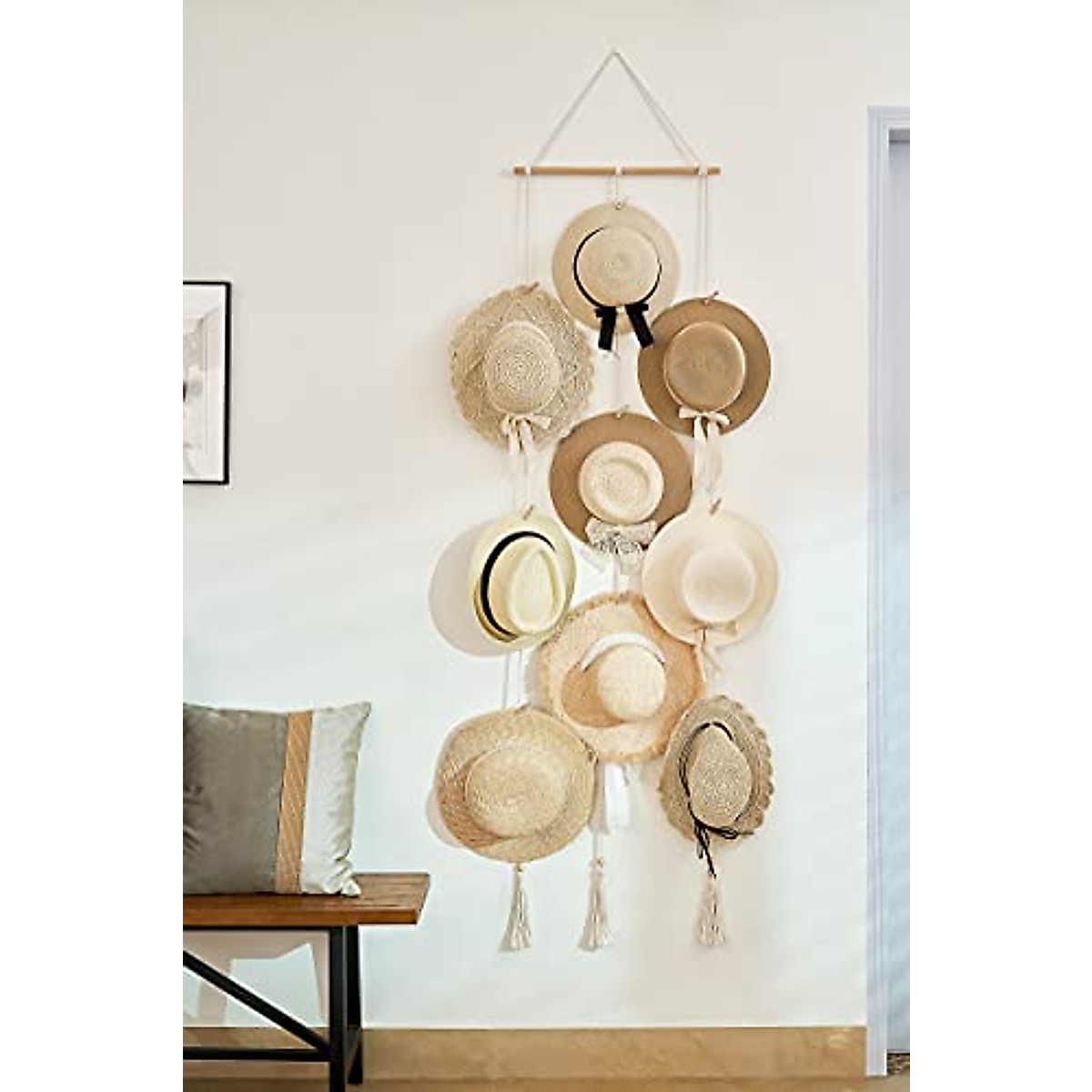 Mkono Hat Rack Hat Hangers for Wall Boho Caps Storage Display Organizer and Straw Sun Hat Womens Beach Hat with Decorative Tassels